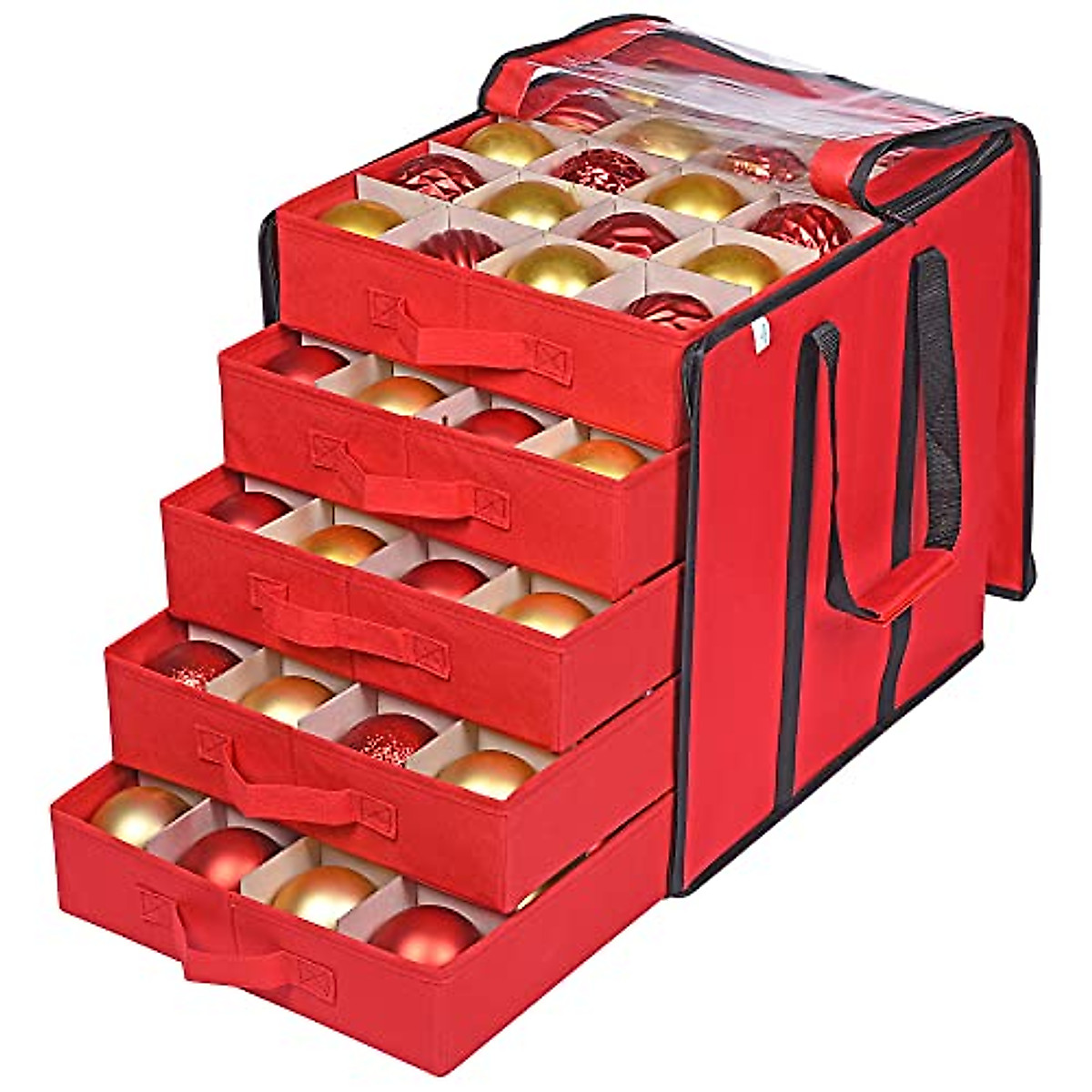 ProPik Christmas Ornament Storage Boxes with Dividers - 5 Separate Trays - Ornament Holder - Keeps 100 Holiday Ornaments - Durable Carrying Bag Handles Organizer Storage Box (Red)