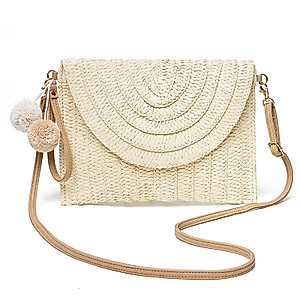 Kadell Straw Shoulder Bag, Straw Clutch Women Handmade Straw Bag Summer Beach Envelope Purse Wallet (Off-white)