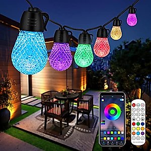 YSJ 49ft Outdoor String Lights for Outside, RGBW Patio Lights with App and Remote Control, IP66 Waterproof, Shatterproof, 8 Scene Modes, with 15 Dimmable LED Bulbs for Balcony, Cafe, Backyard, Garden