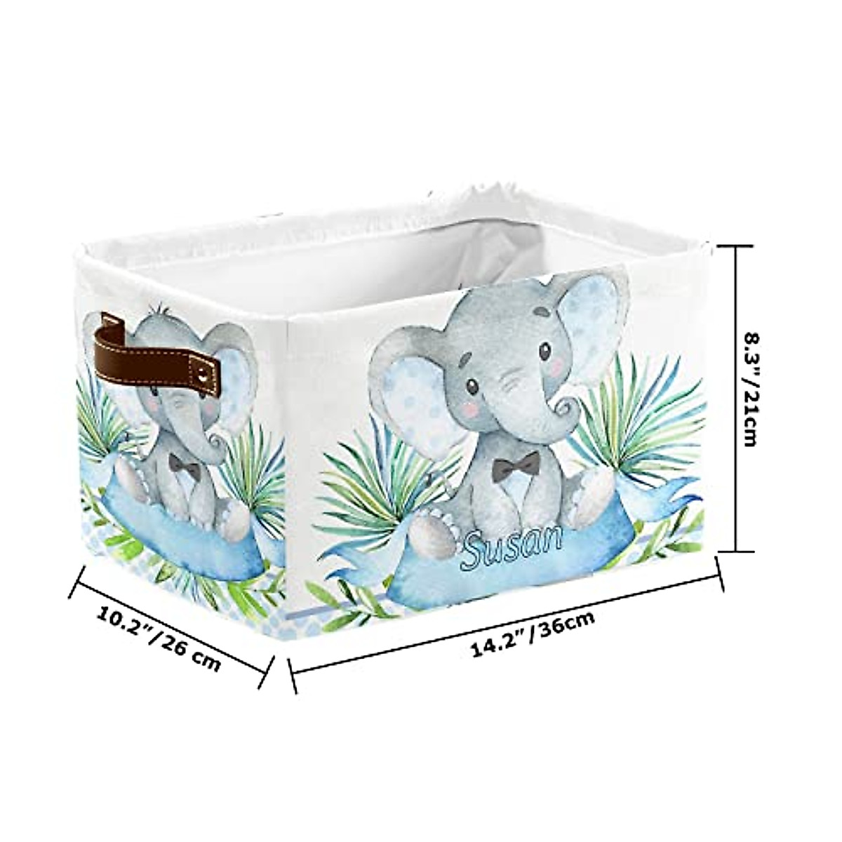 Personalized Elephant Blue Polka Dots Storage Basket Bin with Name Large Storage Cube Box with Handles for Home Office Bedroom Closet Shelves(1 Pack)