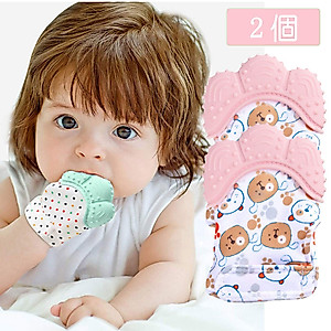 ANGELBB Teething Mitten 2Pack-Stimulating Teeth Toys for Infant Avoid Scratching (Pink)