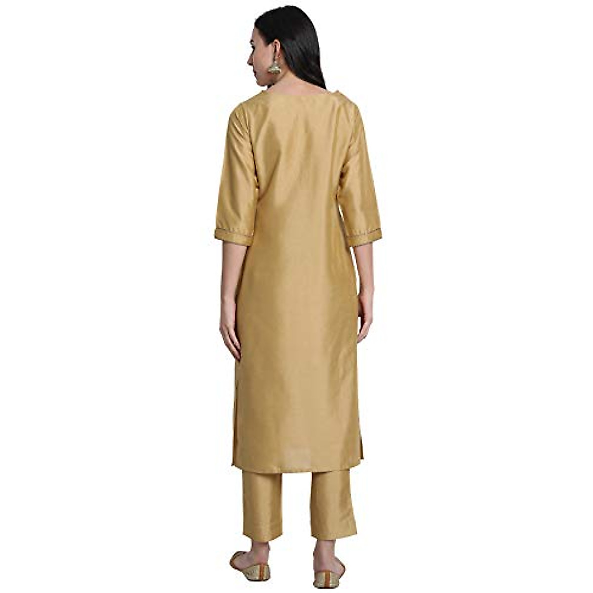 Janasya Gold Gota Patti Poly Silk Straight Kurta Set With Dupatta