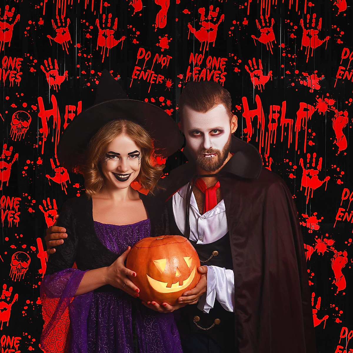 HOWAF Halloween Foil Fringe Curtains Killer Birthday Party Decoration,2 Pack 3.2 * 6.5ft Creepy Bloody Hands Backdrops Halloween Horror Night Red Handprint for Halloween Zombie Vampire Supplies
