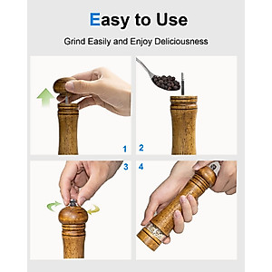 TooWoom Pepper Grinder Salt Grinder Wooden Pepper Mill Grinder w/Adjustable Coarse, 8 inch Tall Wood Refillable Manual Pepper Grinder Mill Peppermill for Black Peppercorn, Easy Clean w/Cleaning Brush