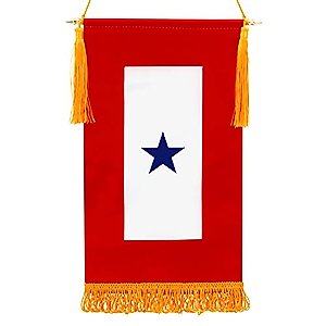 ANLEY Military Service Banner - USA Family Member On Service One Blue Star - 15" X 8" Fringed Flag & Wooden Flagpole & Golden Hanging Cord with Tassels - Vivid Color & Fade Resistant