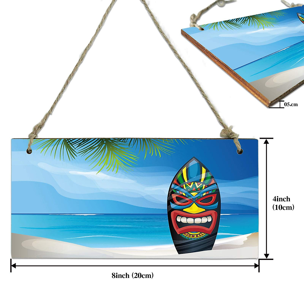 CHARMHOME Wood Hanging Sign Tiki Warrior Mask Design Surfboard on Ocean Beach Gardens Designs Farmhouse Style Wall Decor Wood Sign for Front Door Decorations 8"x4"