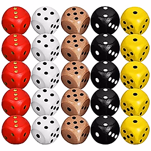 NUOBESTY 25pcs 16mm Game Dice Set, 6 Sided Dice 5 Colors Rounded Corner Dot Dice Wooden Standard Game Dice for Classroom Math Teaching Board Games