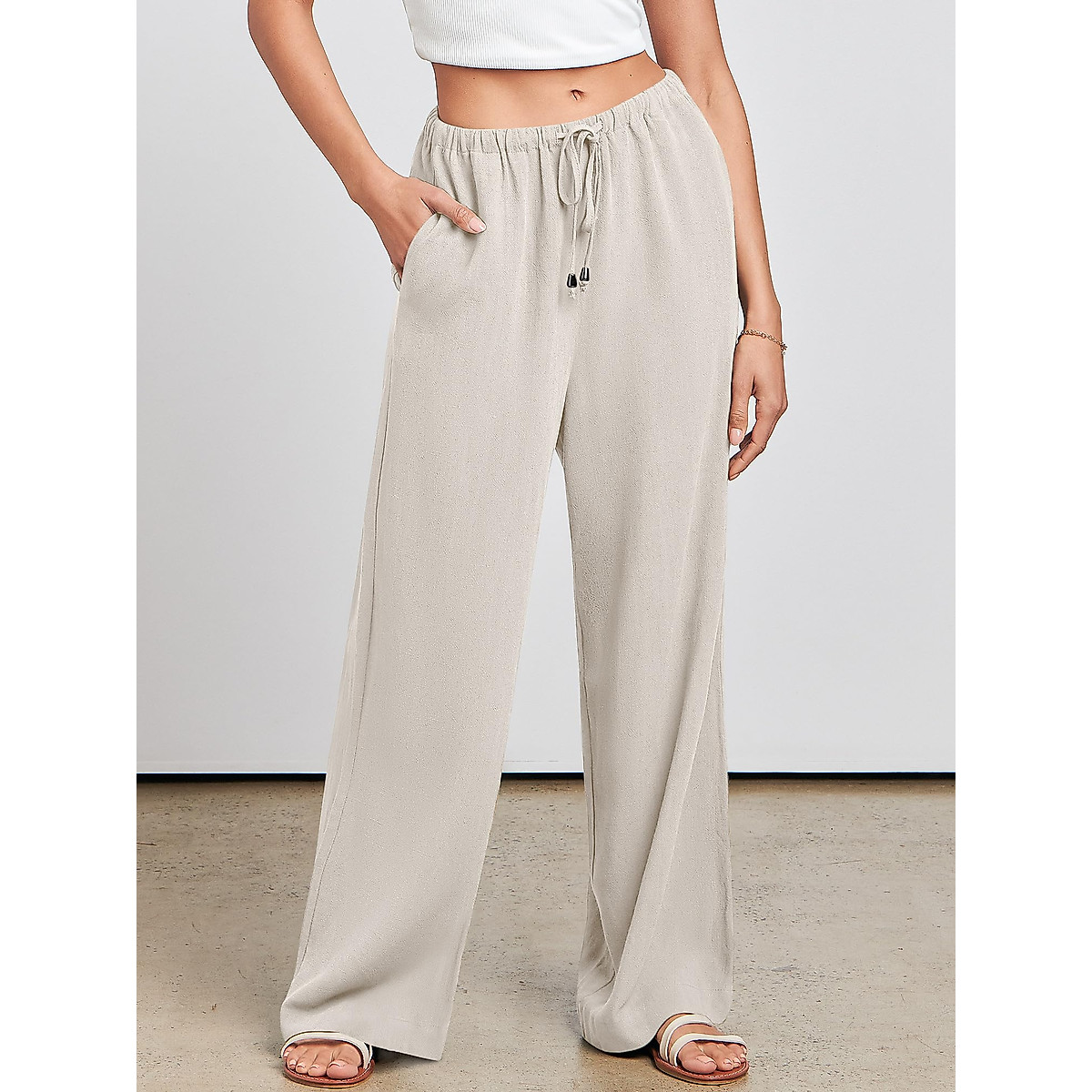 ANRABESS Women's Linen Summer Palazzo Pants Elastic Waist Casual Beach Trendy Wide Leg Trousers with Pockets Large Apricot