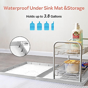 Sdpeia Under Sink Mat, Upgrade 2 PCS Set Interlocking Kitchen Bathroom Cabinet Mats Waterproof Silicone Undersink Tray Up to 3.8 Gallons 34 inx 22 in Splicable Mat (White)