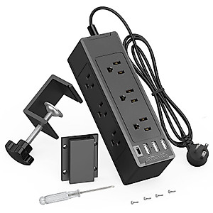 QBA Desk Clamp Power Strip with USB C, 9 Widely Spaced Outlets with 4 USB Ports, 3 Side Outlet Extender with 6FT Extension Cord, Desk USB Charging Station for Home Office Dorm, Black
