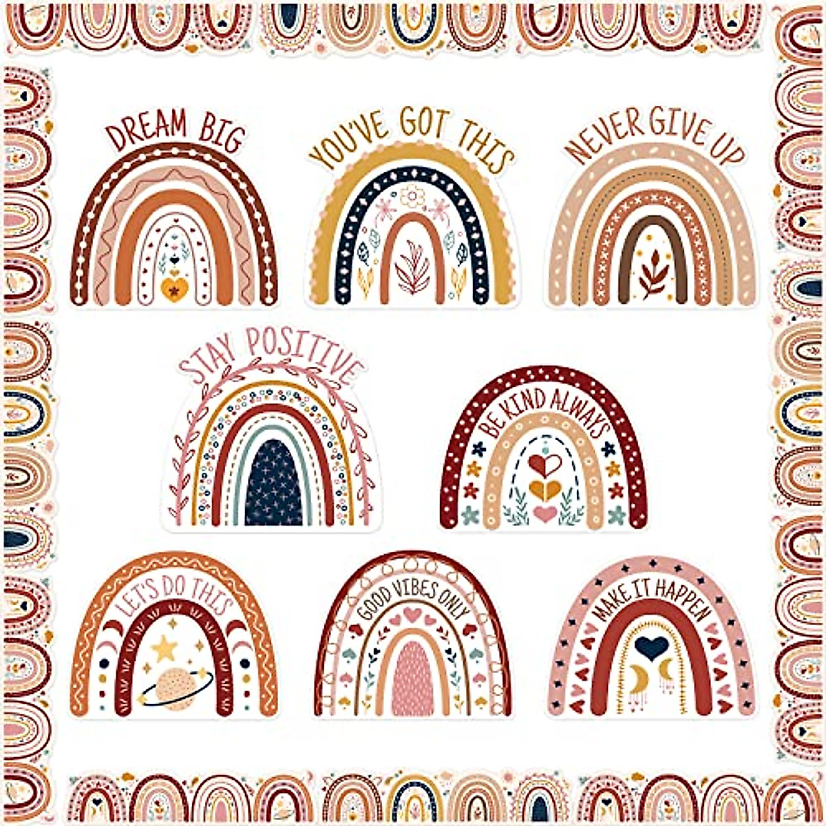BeYumi 62Pcs Back to School Boho Rainbow Positive Sayings Cutouts Motivational Boho Rainbow Classroom Bulletin Borders Trim Decorations Set for School Home Wall Decor