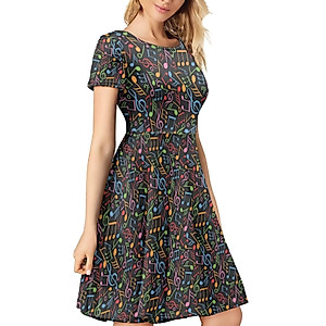 POLERO Women Lady Animal Colorful Music Notes Print Short Sleeve Summer Dress Round Neck Chic Flowy Midi Dresses Size L