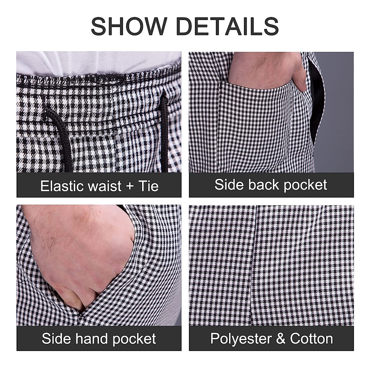 khalat Men's Baggy Chef Pants Restaurant Drawstring Work Pants with Elastic Waist Chef Pants Black/White Check