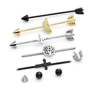 PiercingJ 4-5pcs 14G/16G Long Industrial Piercing Jewelry Stainless Steel Barbell Ear Cartilage Helix-Conch Piercing Bar Earrings Stud 38/37mm