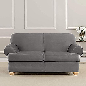 Sure Fit Ultimate Heavyweight Stretch Suede Individual 2 Piece T-Cushion Loveseat Slipcover - Slate Gray