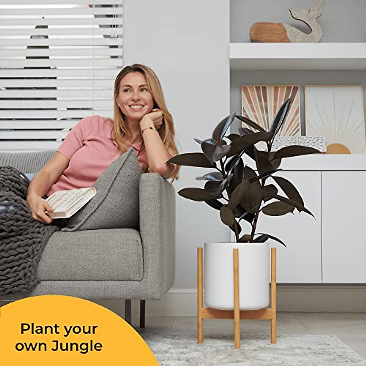 Bees & Buds Plant Stands for Indoor Plants - Mid-Century Modern Tall Plant Stand - 10 inch Bamboo Pot Planter Holder - Flower Planters Holders - EXCLUDING Plant Pot