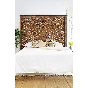 Super King Sized Carved Headboard, Wall Mounted Mandala Wooden Panels, Weathered Brown Rustic Barn Finish, 80 inches