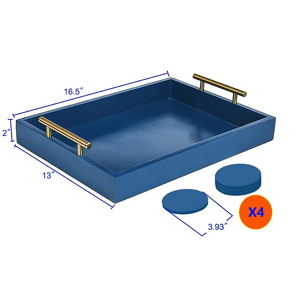 Juleduo Serving Tray 16.5“X 13“Deluxe Wooden Ottoman Tray for Coffee Table with Polished Silver Metal Handles and 4 Coasters, Living Room Bathroom Coffee Bar Organizer Modern Decorative Blue Tray