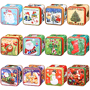 12 Pieces Christmas Cookie Tins Xmas Square Candy Tinplate Tins Large Capacity Retro with Lids Cookie Containers for Storing Candies Biscuits Treat Tea Small Gift and More (Cute)