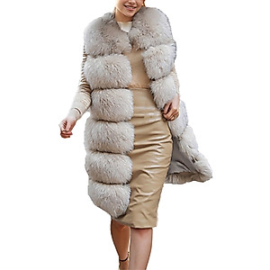 Lisa Colly Women's Faux Fox Fur Coat Jacket Winter Sleeveless Faux Fur Vest Outwear (Beige, 3XL)