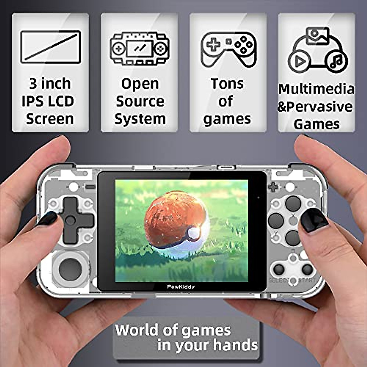 Q90 Handheld Game Console 3 inch Retro Handheld Video Games Consoles Built-in Classic Games Rechargeable Battery Portable Style Hand Held Game Consoles System Transparent