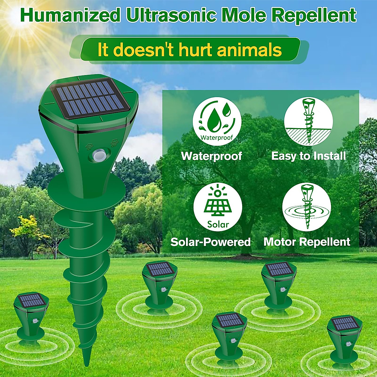 Ultrasonic Mole Repellent Outdoor, 2024 Upgrade Mole Repellent Solar-Powered for Lawn Garden Yard, Mole and Vole Repellent Waterproof, Effectively Repels Gophers Snake Chipmunks Groundhogs, 4 Pack