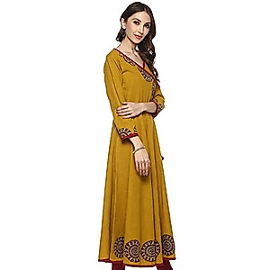 Yash Gallery Women's Cotton Slub Patch Work Angrakha Kurta (Yellow)