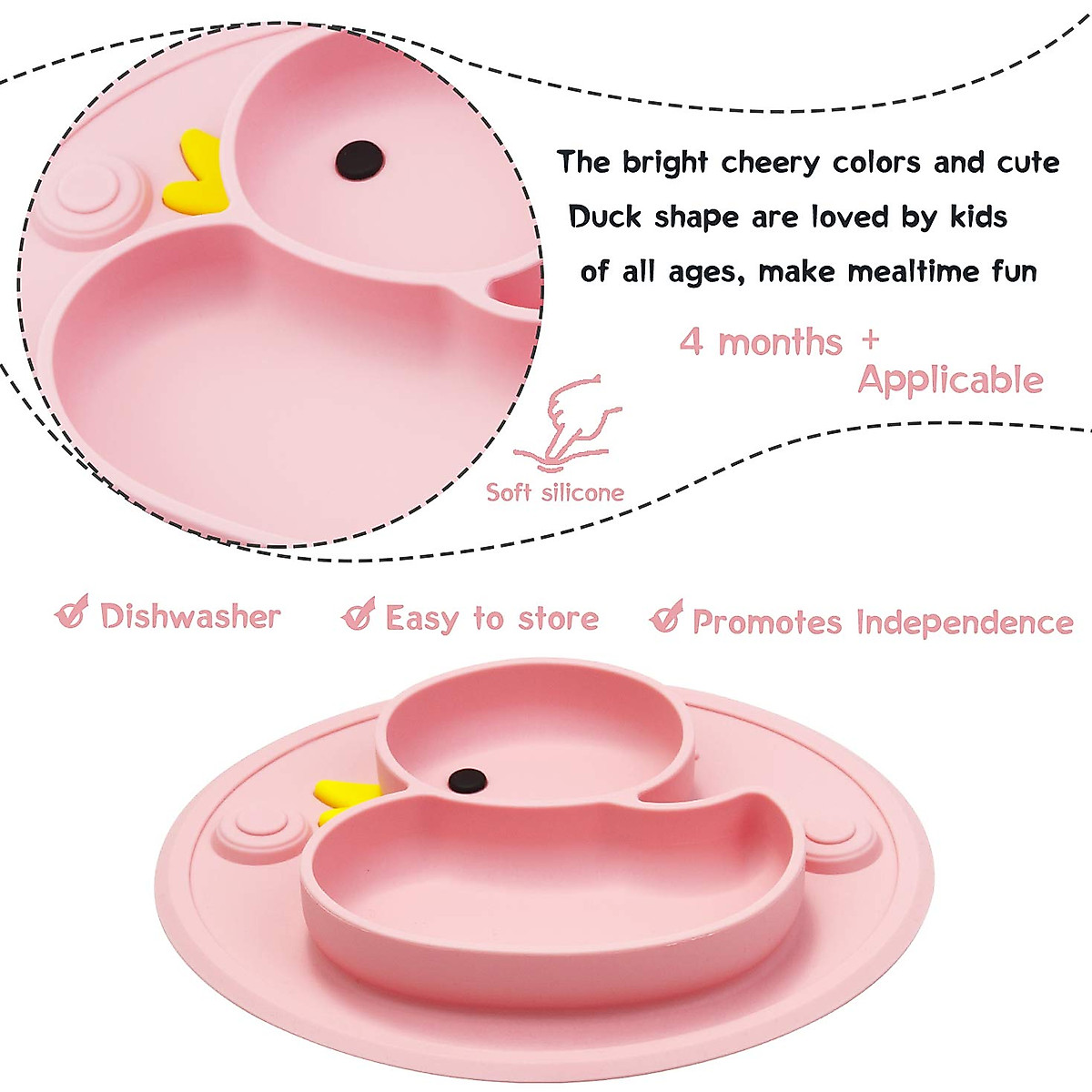 Baby Divided Plate Silicone- Portable Non Slip Child Feeding Plate with Suction Cup for Children Babies and Kids BPA Free Baby Dinner Plate