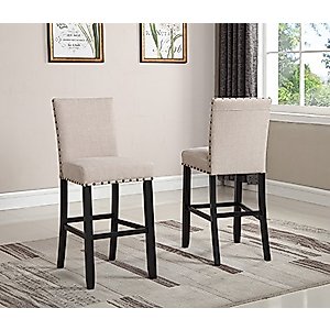 Roundhill Furniture Biony Fabric Bar Stools with Nailhead Trim (Set of 2), Tan
