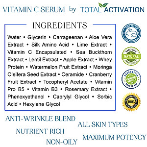 Vitamin C Serum with Aloe Vera & Vitamin E, Anti-Oxidant, Anti Wrinkle, Anti Aging, Skin Nourishment Day and Night Boost Collagen Production Fine Lines Soothing Hydration 2oz