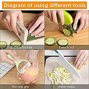 8 Pieces Wooden Kids Kitchen Knives Set for Real Cooking include 4 Plastic Toddler Safe Knives/Crinkle Cutter/Kids Cutting Board/Y-Peeler/Resistant Gloves for Cutting Veggies Fruit Cake Salad Bread