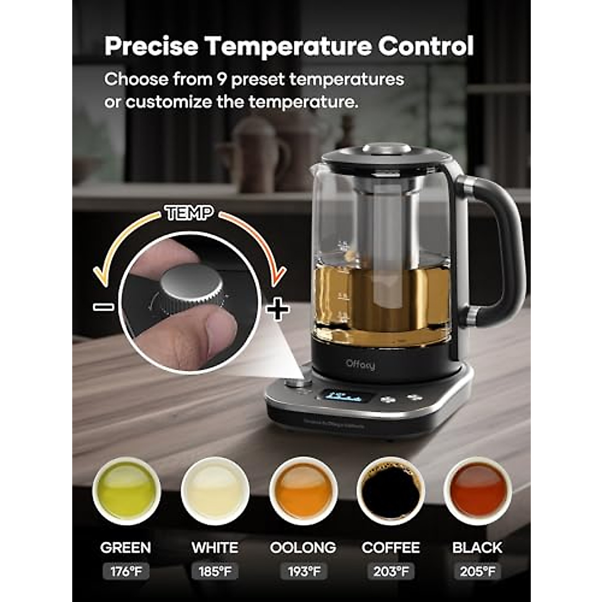 Offacy Electric Tea Kettle, 1.6L 1200W Fast Heating 9 Smart Presets with Removable Infuser Temperature Control 2H Keep Warm, BPA-Free Glass Teapot for Coffee, Boil-dry Protect, Easy to Clean, Black