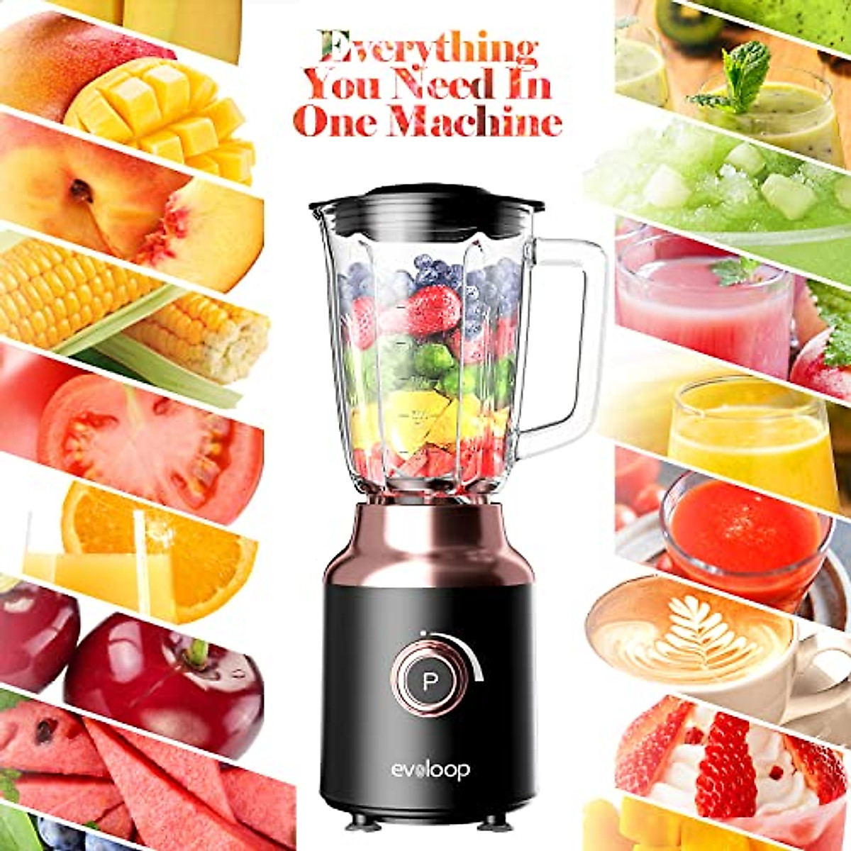 Evoloop Glass Blender, Countertop Blender, 750 Watt High Speed Smoothies Blender with 6 Blade System for Shakes, 50 oz Glass Jar, Self Cleaning