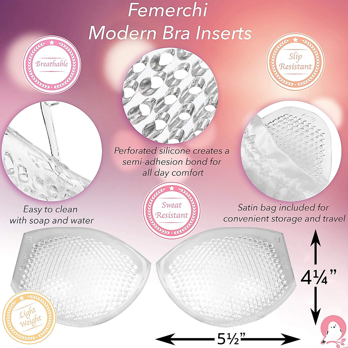 Femerchi Silicone Bra Inserts Pads for Sizes A-D – Breathable, Nonslip Breast Enhancers Inserts – Reusable, Washable Bra Pads Inserts Push Up – Semi-Adhesive Design for Bra, Bikini, Sports Bra