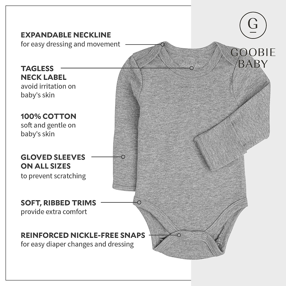 Goobie Baby Long Sleeve Classic Bodysuit Set with Fold-over Mitten Cuffs to Prevent Scratching, Soft 100% Cotton Onesie, Tagless Neck, 4 Pack (Gray, 3-6 Months)