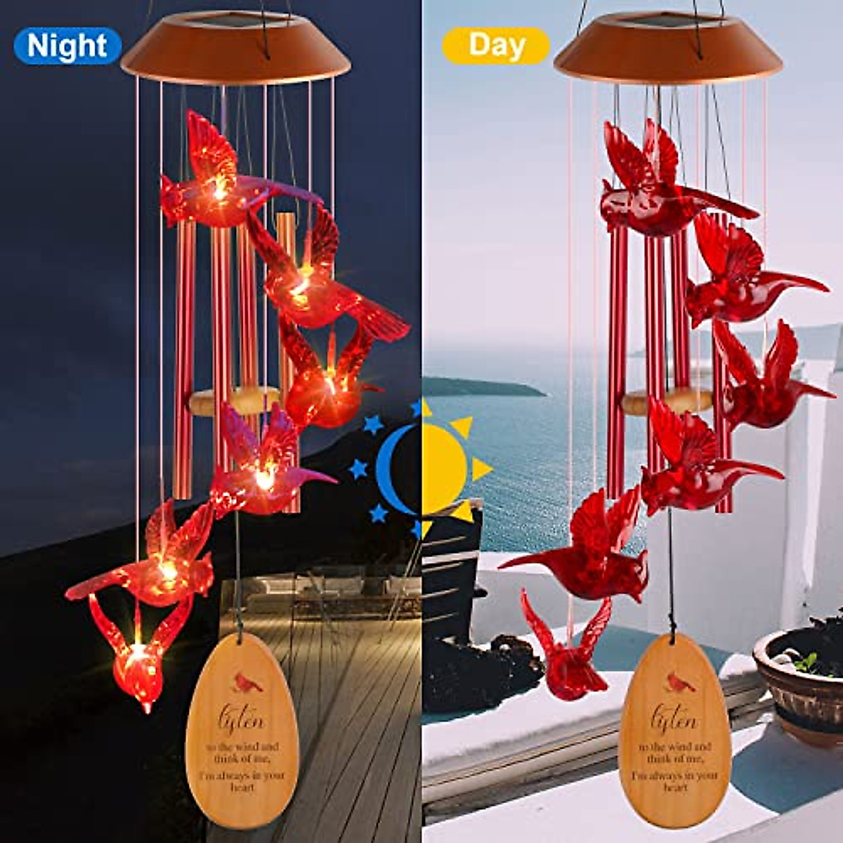 Solar Garden Light Energy-Saving Cardinal Wind Chimes for Mom Christmas Garden Gift Women Birthday Gift , Memorial Wind Chimes for Grandma Xmas Solar Cardinal Lights Outdoor