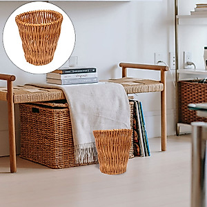 Wakauto Desktop Organizer Wicker Rattan Waste Basket Woven Trash Can Garbage Can Vintage Waste Bin Wastebasket Beige Creative Storage Basket