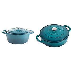 Crock-Pot Artisan Oval Enameled Cast Iron Dutch Oven and Braiser Bundle, 7-Quart and 5-Quart, Teal Ombre