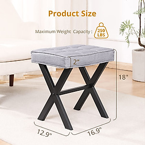 LUE BONA Vanity Stool, Square Linen Makeup Stool with Metal X Legs, Small Ottoman Stool Chair for Vanity, Modern Padded Vanity Seat Foot Rest Stool for Makeup Room, Living Room, Bathroom, Dark Gray