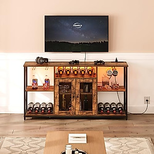 HOOBRO Wine Bar Cabinet with Led Lights and Power Outlets, Coffee Bar Cabinet for Glasses, Sideboard Buffet Cabinet, Liquor Cabinet for Dining, Living Room, Bar, Rustic Brown and Black BF13UDJG01