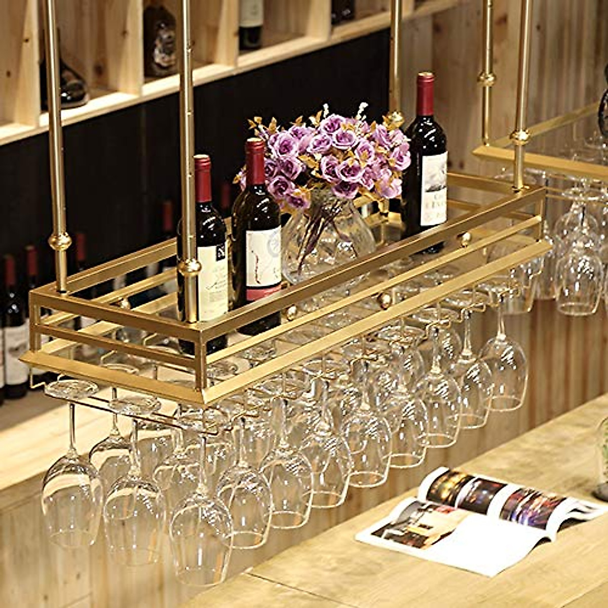 Wine Glass Holder Inverted Wine Rack Simple Style Iron Hanging Wine Glass Holder Ceiling Decorative Frame J1013, PIBM, b, 120x35cm