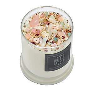 Self Love Candle by New Moon Beginnings - Negative Energy Cleansing - Handmade Aromatherapy Soy Candle - Dried Flower, Herb, & Crystal Candle - 12oz Glass Jar