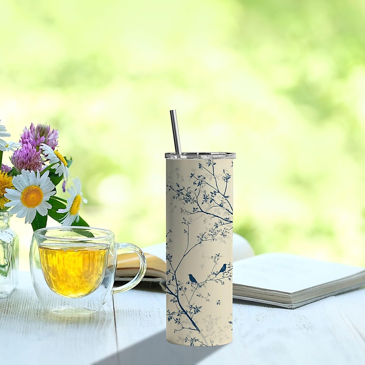 Medpol Flower and bird tumbler with lid and straw 20 oz insulated tumbler cups Minimally printed flower and bird insulated travel coffee mugs for women cute sippy cups stainless insulated travel cups