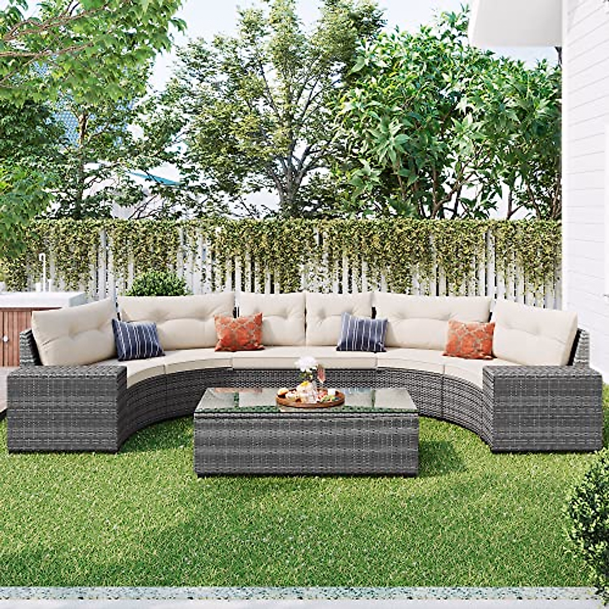 GODAFA 8-Piece Outdoor Wicker Round Patio Furniture Set-Half-Moon Sectional Sofa with Rectangular Coffee Table-Water-Resistant PE Rattan-Movable Cushions, Beige