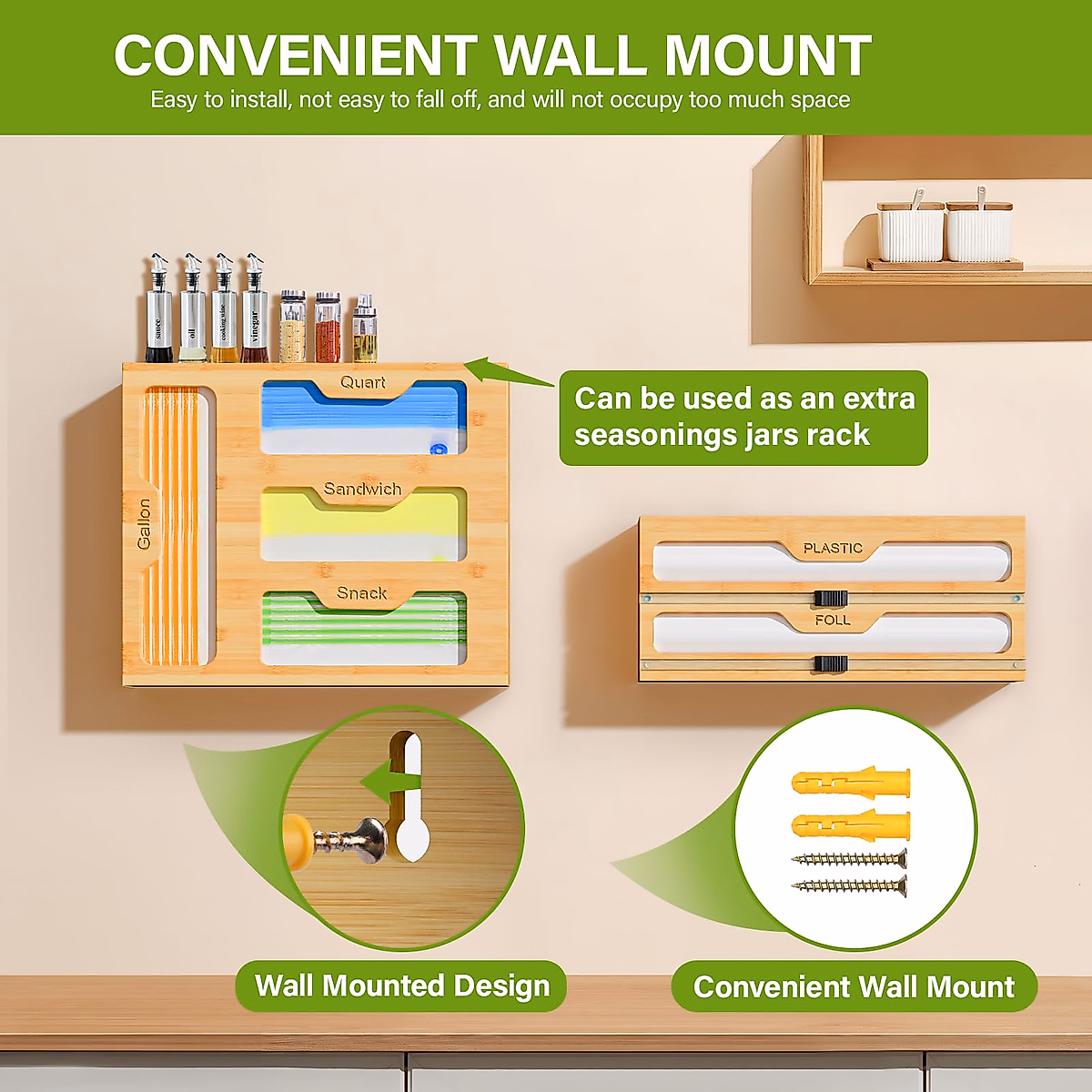KOCWELL Bamboo Bag Storage Organizer - 2 Wrap Dispenser with Cutter & 4 Slots Food Storage Bags Container - Kitchen Drawer Plastic Bags Storage Organization for Gallon Quart Sandwich Snack Bags