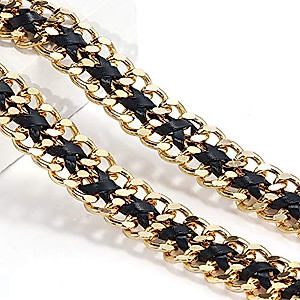 Glamorstar Gold Metal Punk Belts Leather Chain Waist Belt for Women Dresses Gold Black 135CM/53.1IN