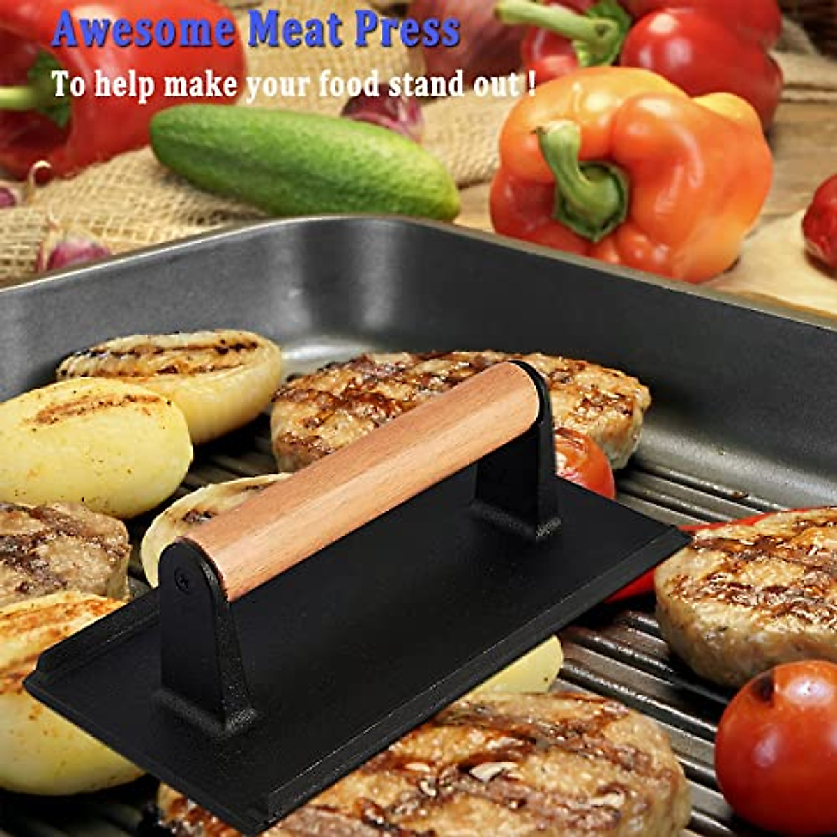 HSUJCYF 3PCS Smash Burger Press Kit, Round & Rectangle Meat Press for Griddle, Cast Iron Grill Press with Upgrade Wooden Handle for Blackstone Camp Chef Pitboss
