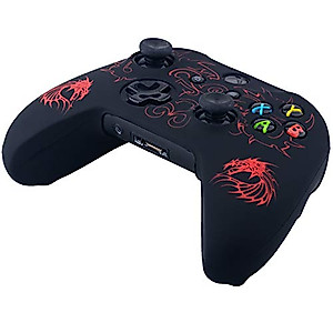 9CDeer 1 x Silicone Laser Carving Protective Cover Skin + 6 Thumb Grips for Xbox One S/X Controller Dragon Red