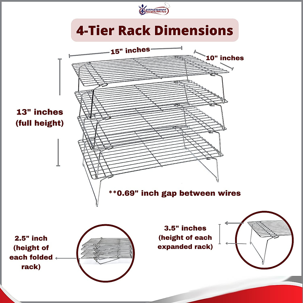 KITCHENATICS 4-Tier Stackable Cooling Racks for Baking, 100% Stainless Steel Wire Rack, Oven Safe Baking Rack, Oven Rack for Pizza, Cake, Bread, Cooling Rack for Cooking and Baking, Cookie Rack 15x10