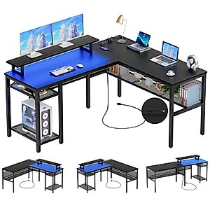 Unikito L Shaped Desk, Reversible Corner Computer Desk with Magic Power Outlets and Smart LED Light, Unique Grid Design, 55 Inch Office Desk with Monitor Stand and Storage Shelf, Black